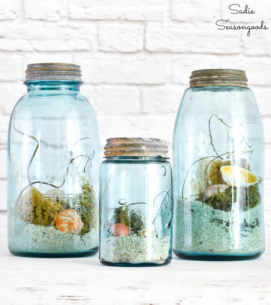 Beach in a Jar for Coastal Decorating with Vintage Blue Mason Jars