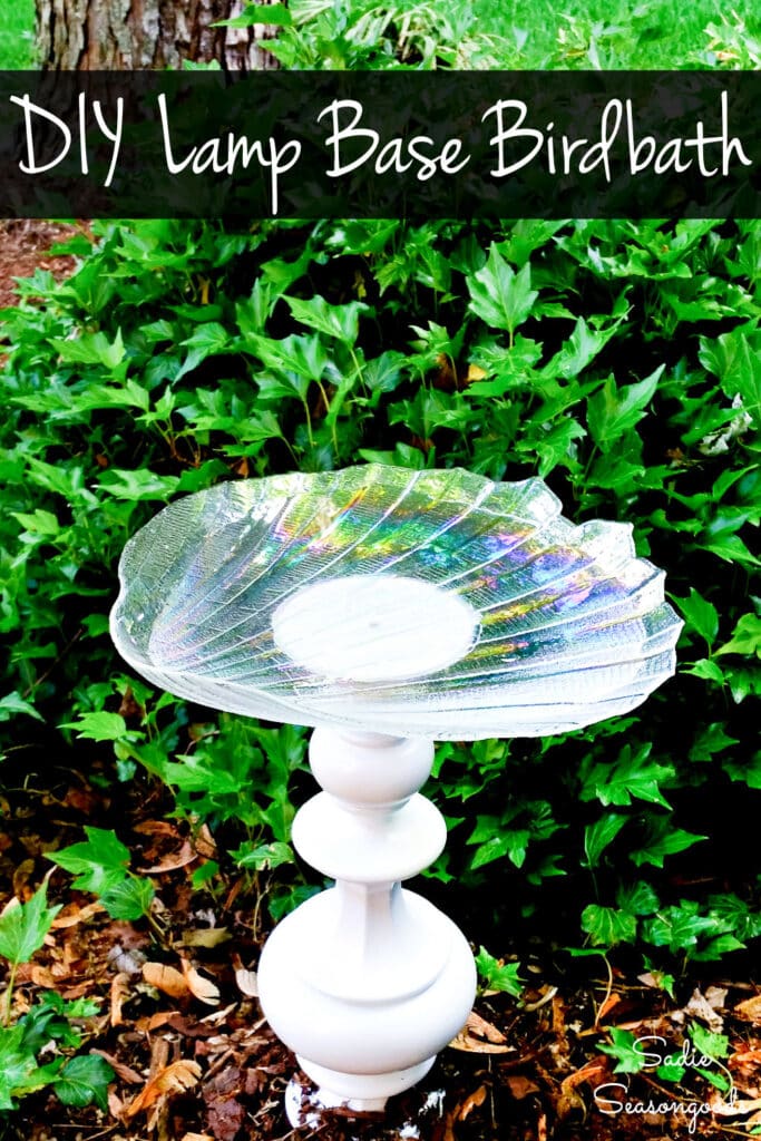 DIY Birdbath from a Vintage Lamp and a Shallow Glass Dish