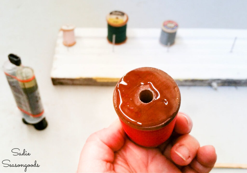 Wooden Necklace Holder with Vintage Thread Spools