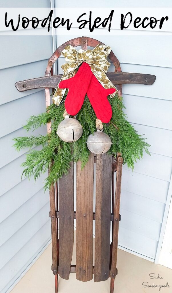 Wooden Sled Decor with Sweater Mittens for the Front Porch