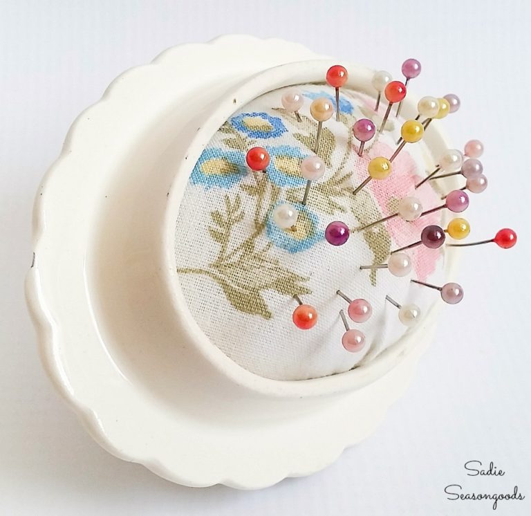 DIY Pin Cushion and Sewing Caddy in a Vintage Teapot
