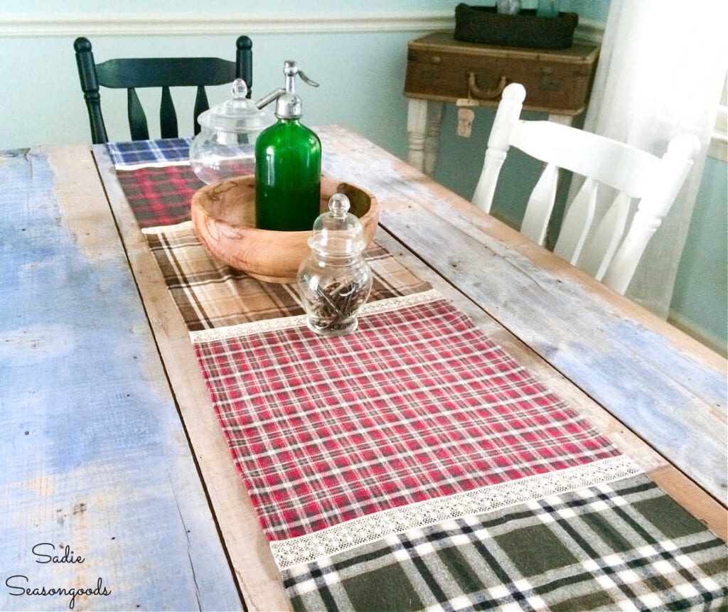 Rustic Table Runner from Flannel Shirts and Lace Ribbon