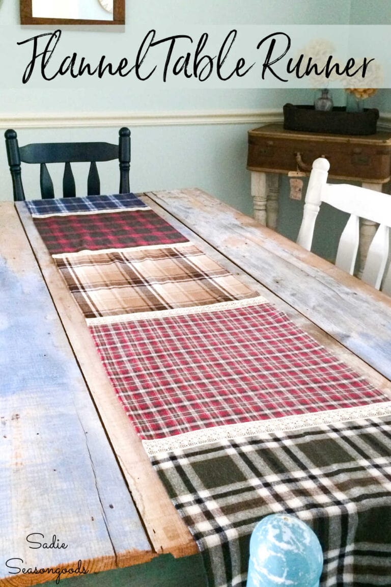 Rustic Table Runner from Flannel Shirts and Lace Ribbon