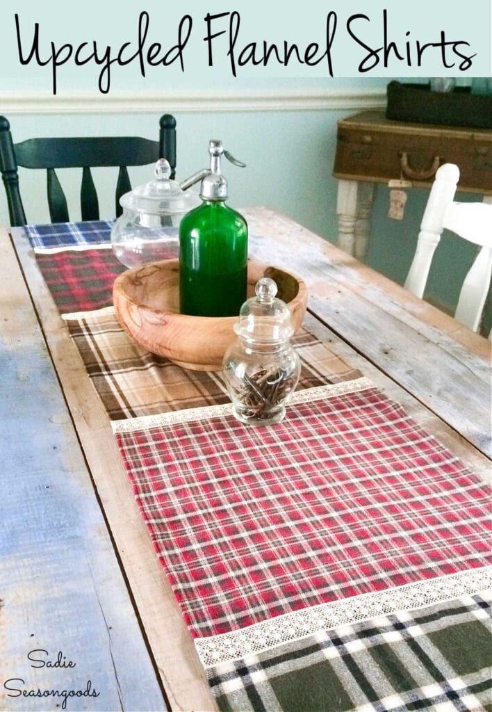 Rustic Table Runner from Flannel Shirts and Lace Ribbon
