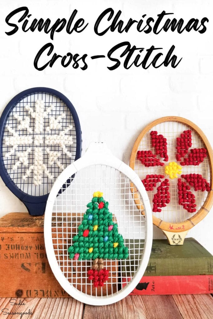 Christmas Cross Stitch on a Wooden Tennis Racket