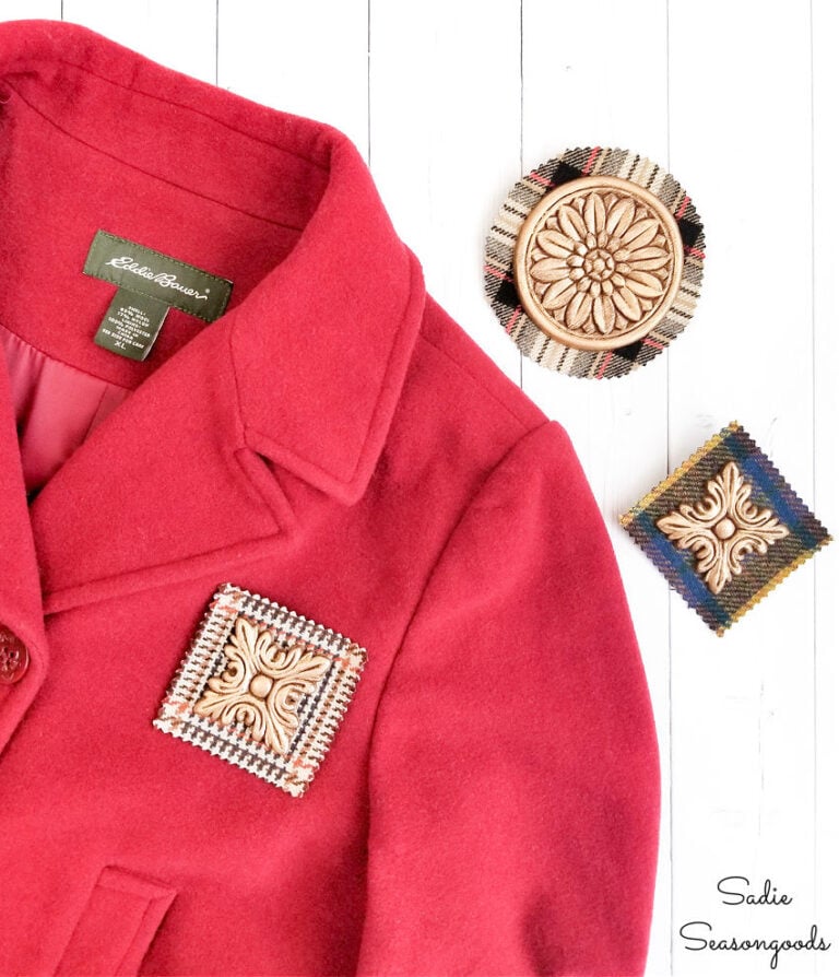 Jacket Pins from Wood Medallions and a Tweed Sportcoat