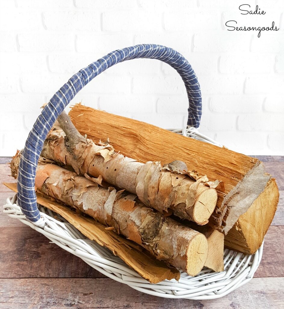 Fireplace Hearth Decor from a Wicker Basket and a Flannel Shirt