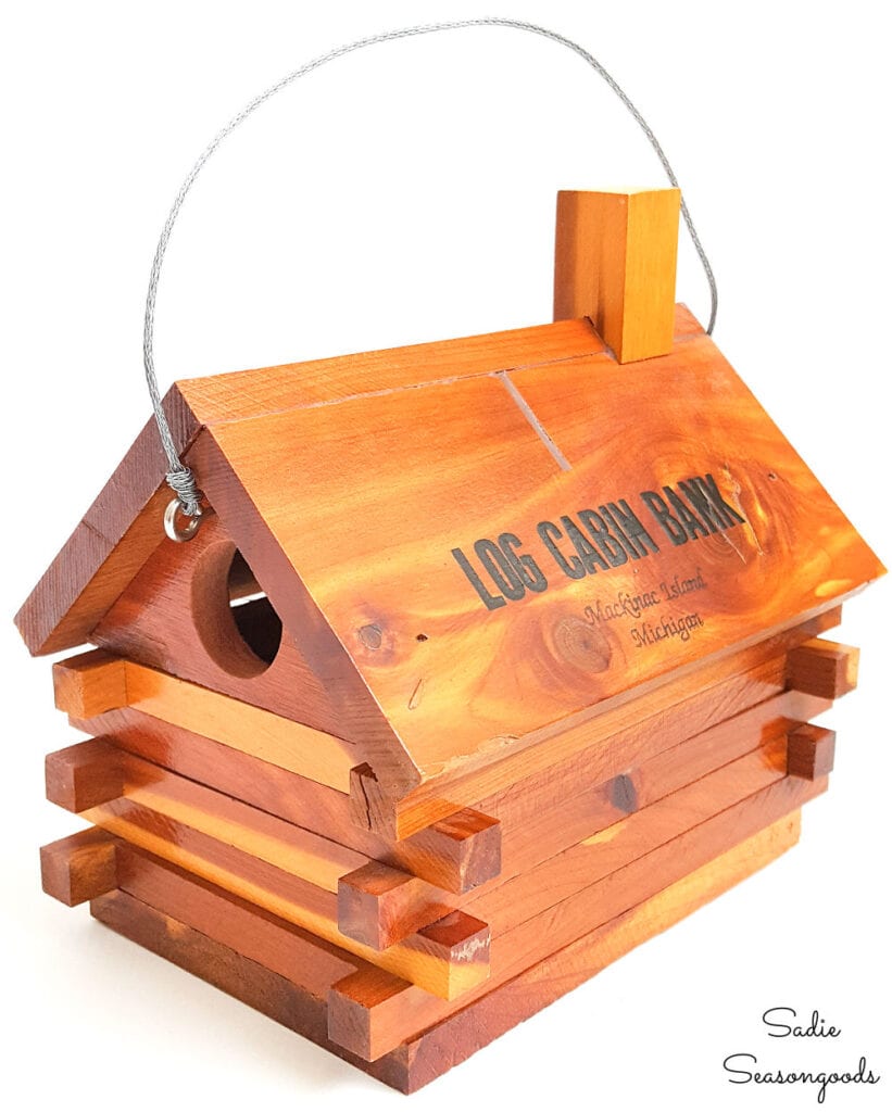 Log Cabin Birdhouse from a Vintage Coin Bank for Your Yard