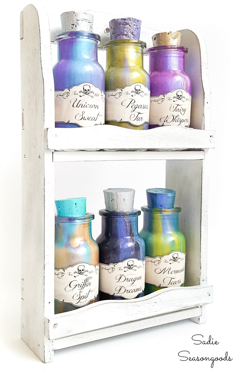 Magic Potion Bottles for Halloween from a Vintage Spice Rack