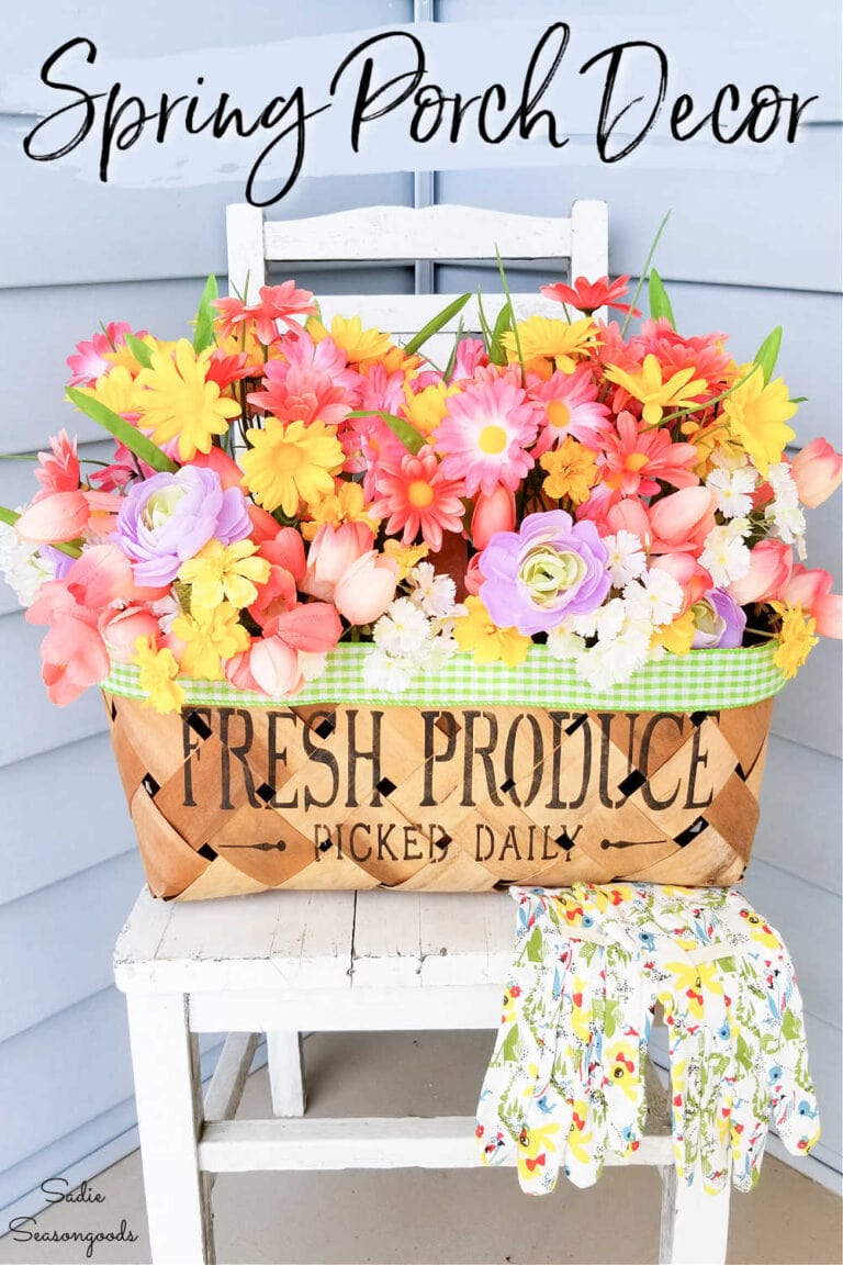 Outdoor Spring Decorations in a Garden Harvest Basket