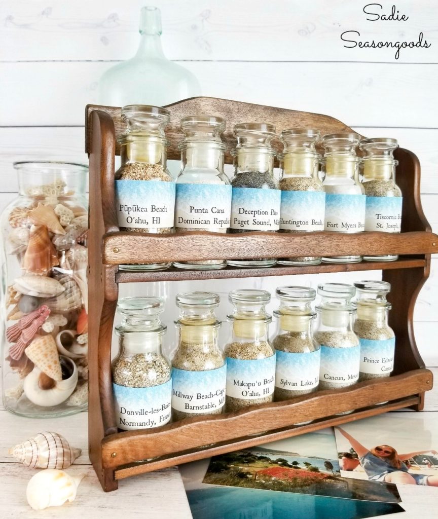 Sand Collection Display in a Vintage Spice Rack