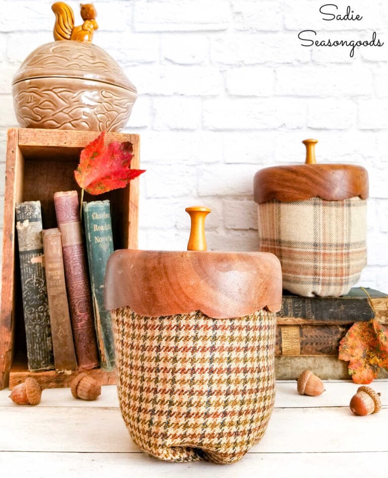 Acorn Decorations from a Tweed Sport Coat for Fall Home Decor