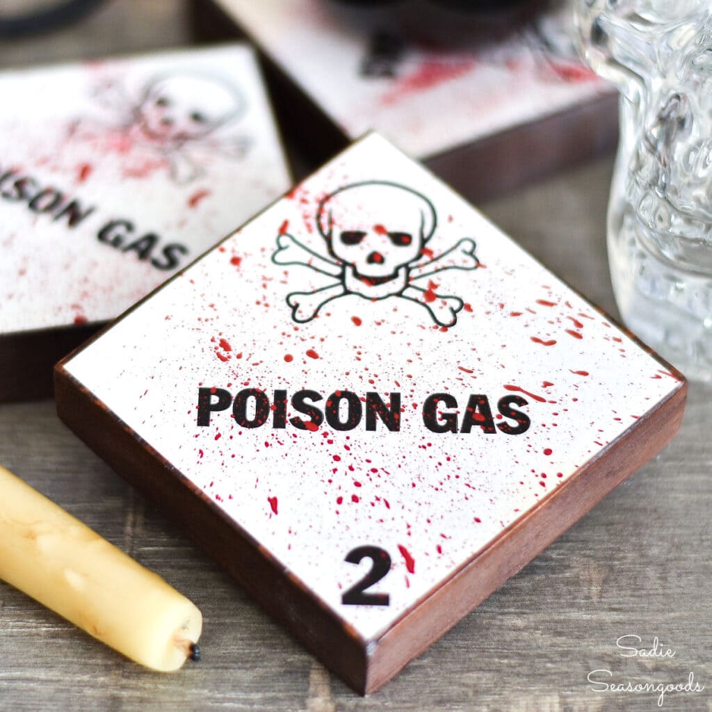 Creepy Halloween Coasters with Hazard Labels