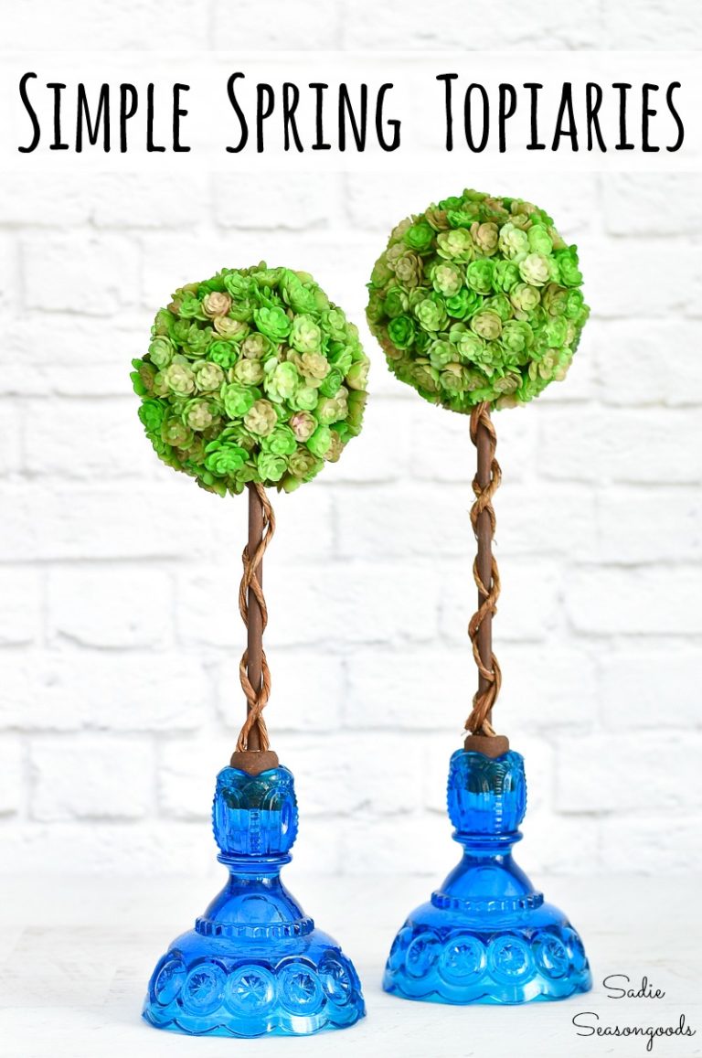 Artificial Topiary Trees in Vintage Candlesticks for DIY Spring Decor