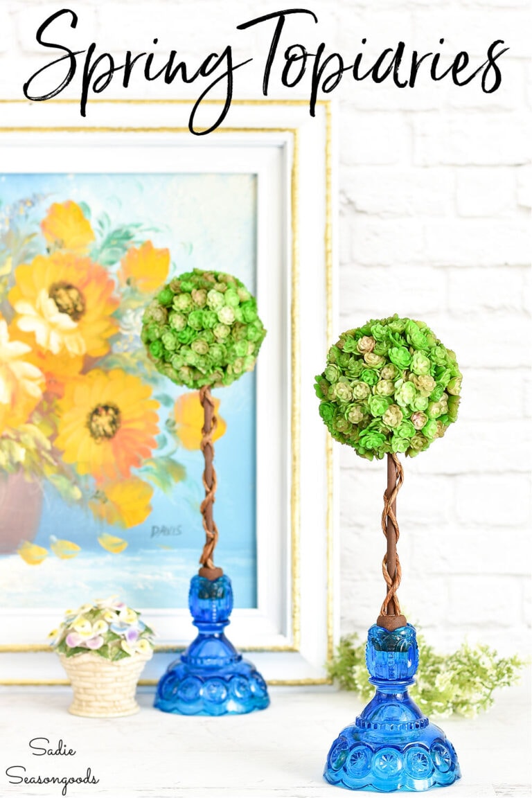 Artificial Topiary Trees in Vintage Candlesticks for DIY Spring Decor