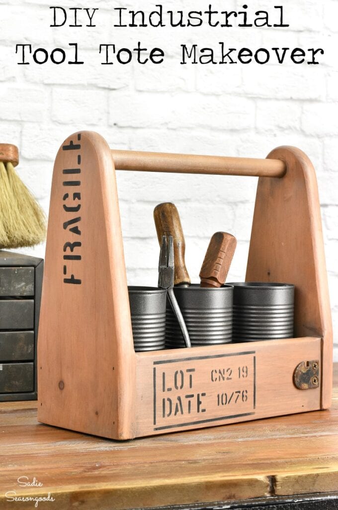 Industrial Style Decor with a Wooden Tool Caddy and Tin Cans
