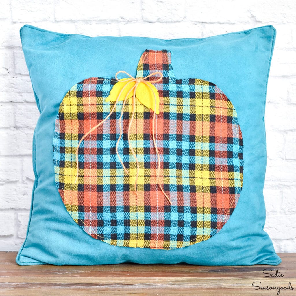 Blue Fall Decor with a Pumpkin Throw Pillow from a Flannel Shirt