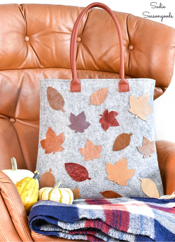 Decorating a Tote Bag with Leather Leaves for Cozy Fall Style
