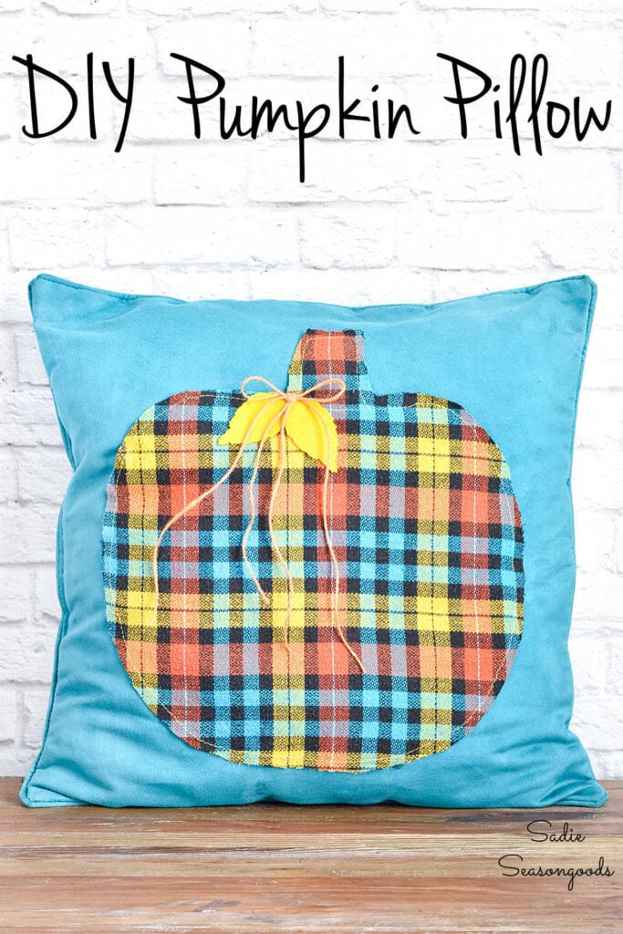 Blue Fall Decor with a Pumpkin Throw Pillow from a Flannel Shirt