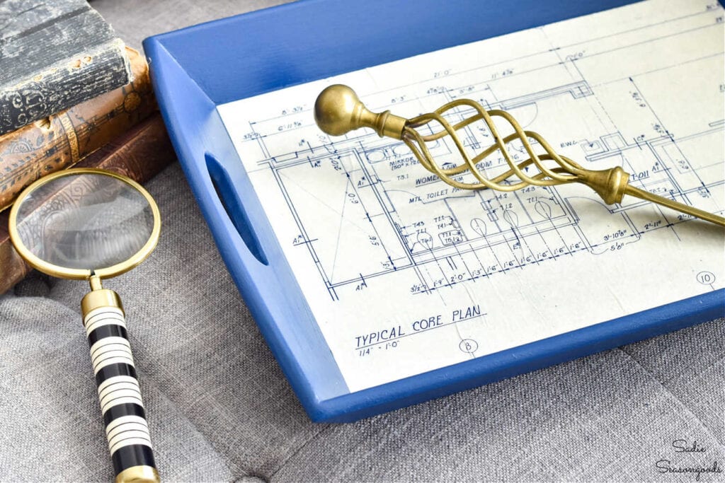Upcycling a Bamboo Tray with Blueprint Paper