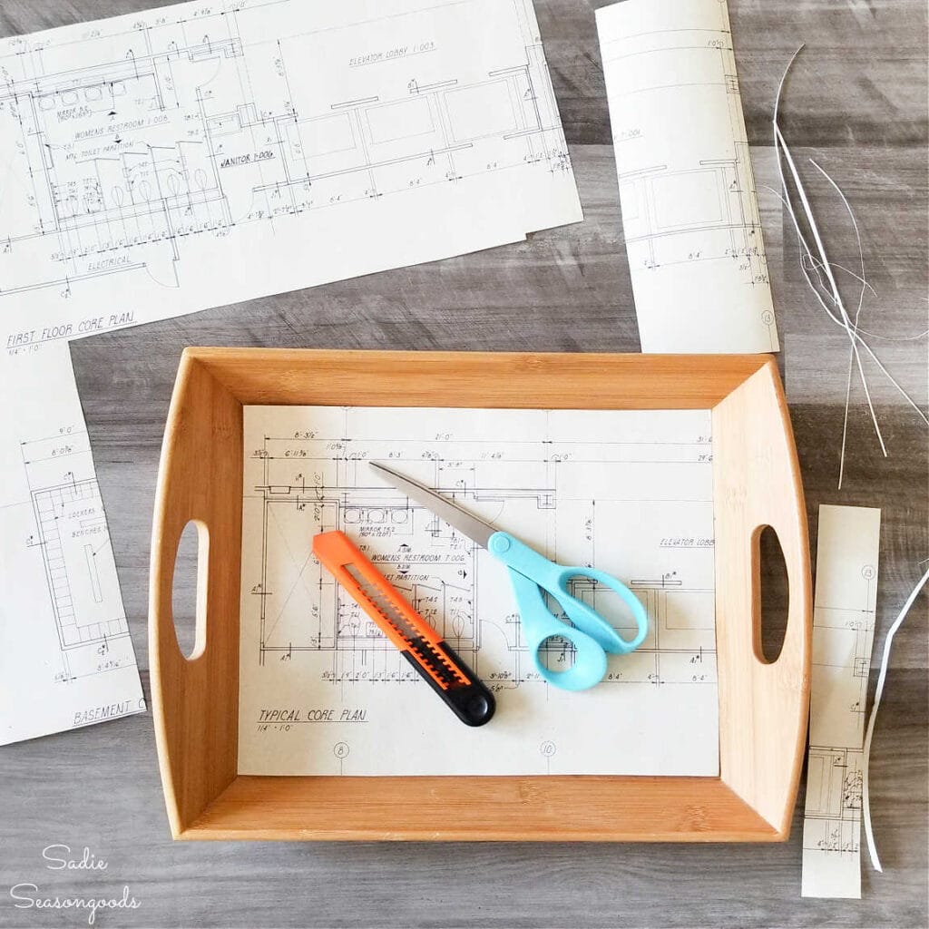 Upcycling a Bamboo Tray with Blueprint Paper