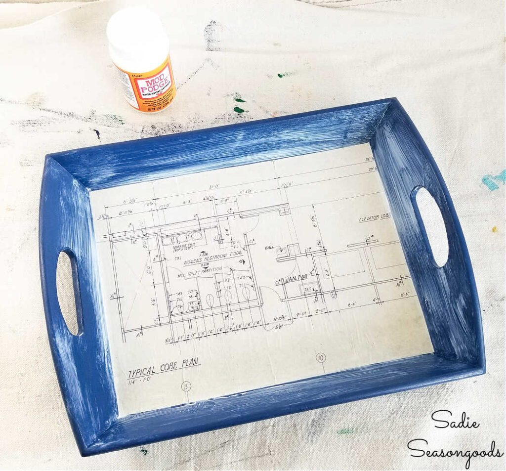 Upcycling a Bamboo Tray with Blueprint Paper