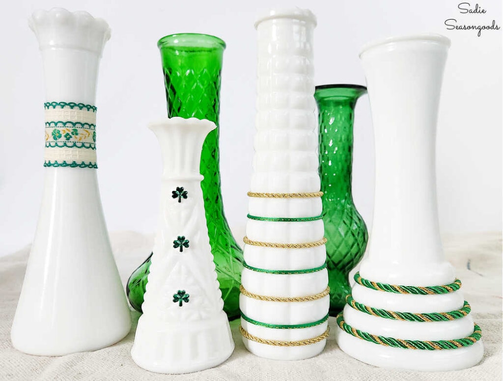 Embellishing Milk Glass Vases to Use as St. Patrick's Day Decor