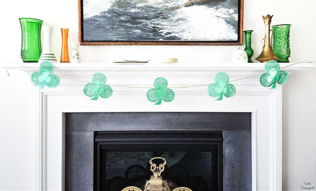 St. Patrick's Day Garland with Shamrock Doilies and Leftover Yarn
